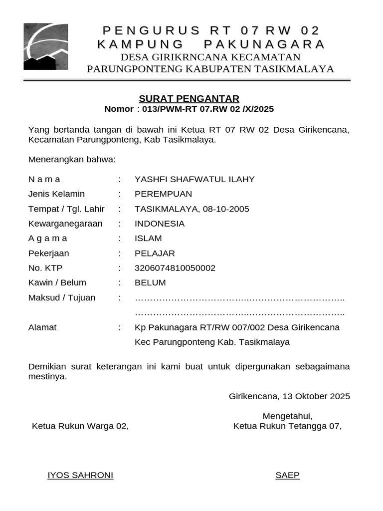 Surat Keterangan RT 07 RW 02 Tasikmalaya | PDF