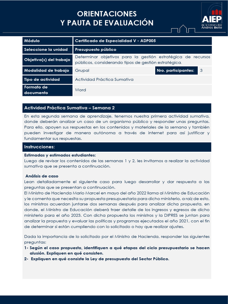 Descarga Las Orientaciones y Pauta de Evaluación de La Actividad Aquí | PDF | Presupuesto ...
