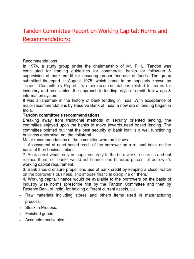 Tandon Committee Report On Working Capital | PDF | Credit (Finance) | Loans