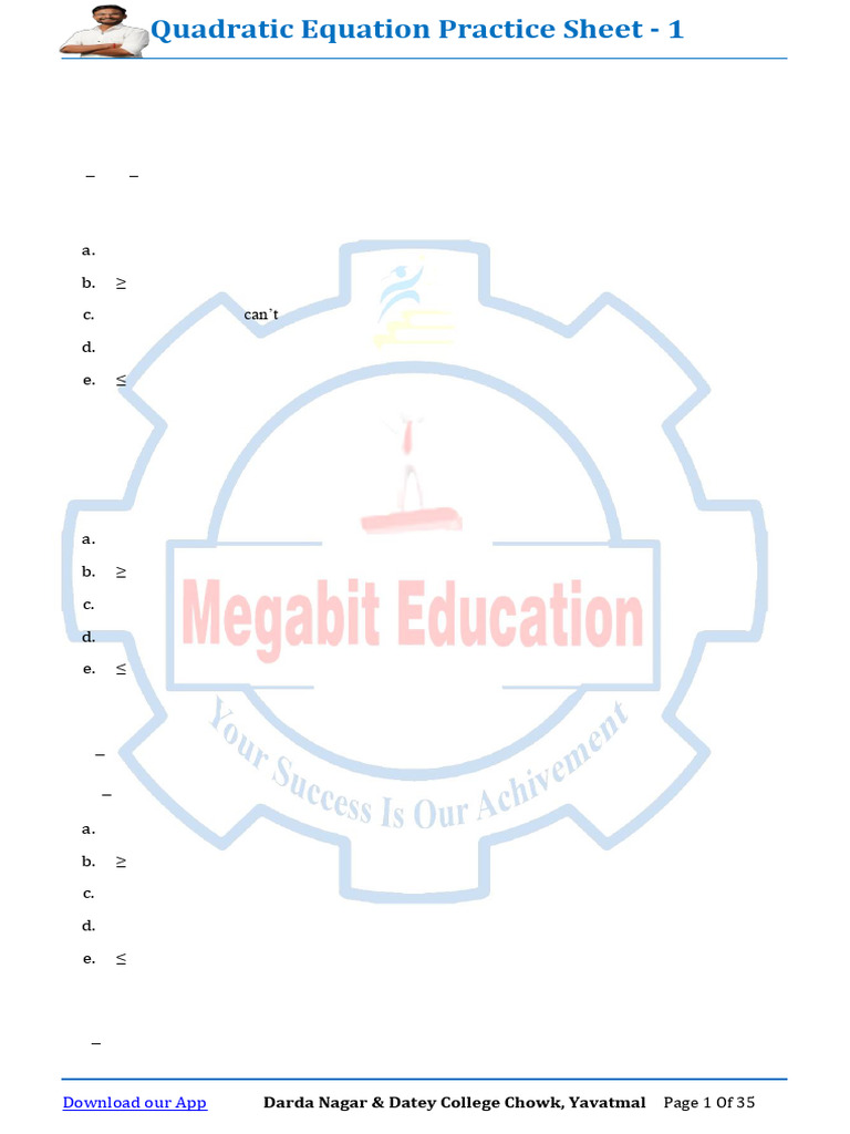 Quadratic Equation Practice Questions | PDF | Equations | Algebra