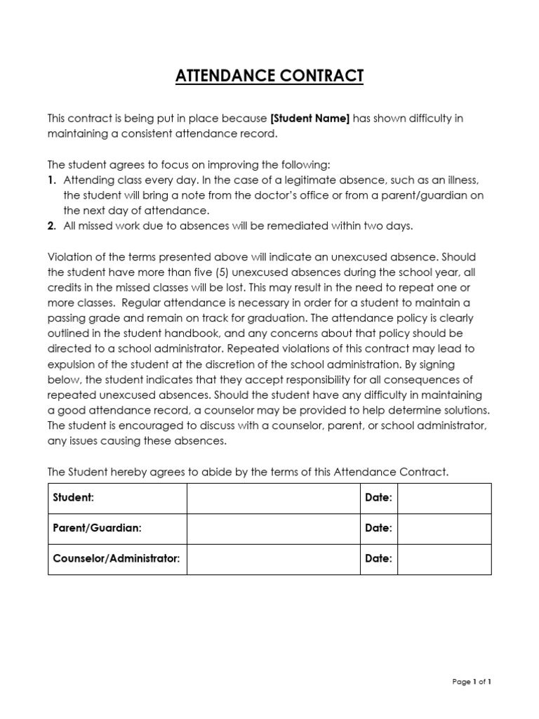 Attendance Improvement Contract Template | PDF