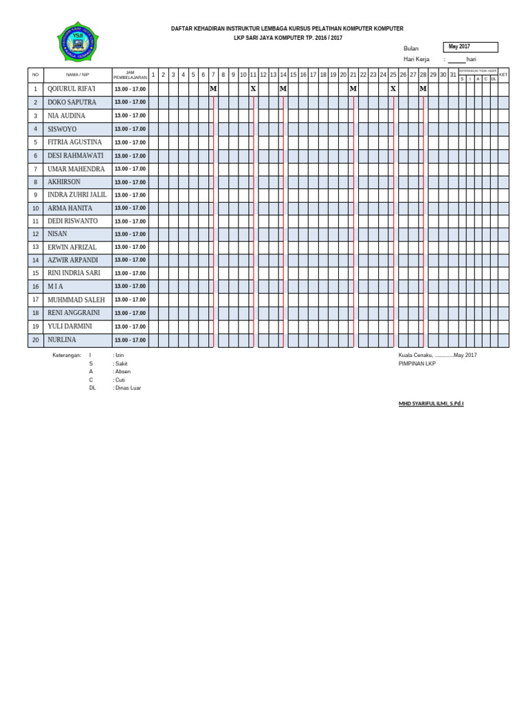 Absen Guru Indtruktur LKP Pakai Kalender Pendidikan | PDF