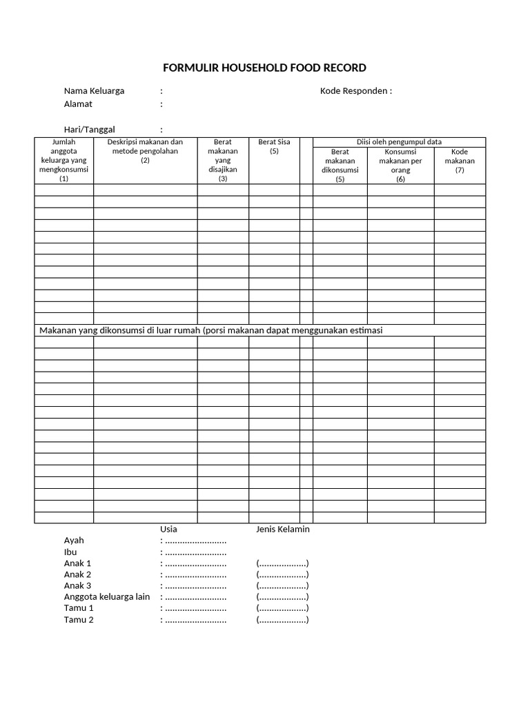 Formulir Catatan Makanan Keluarga | PDF