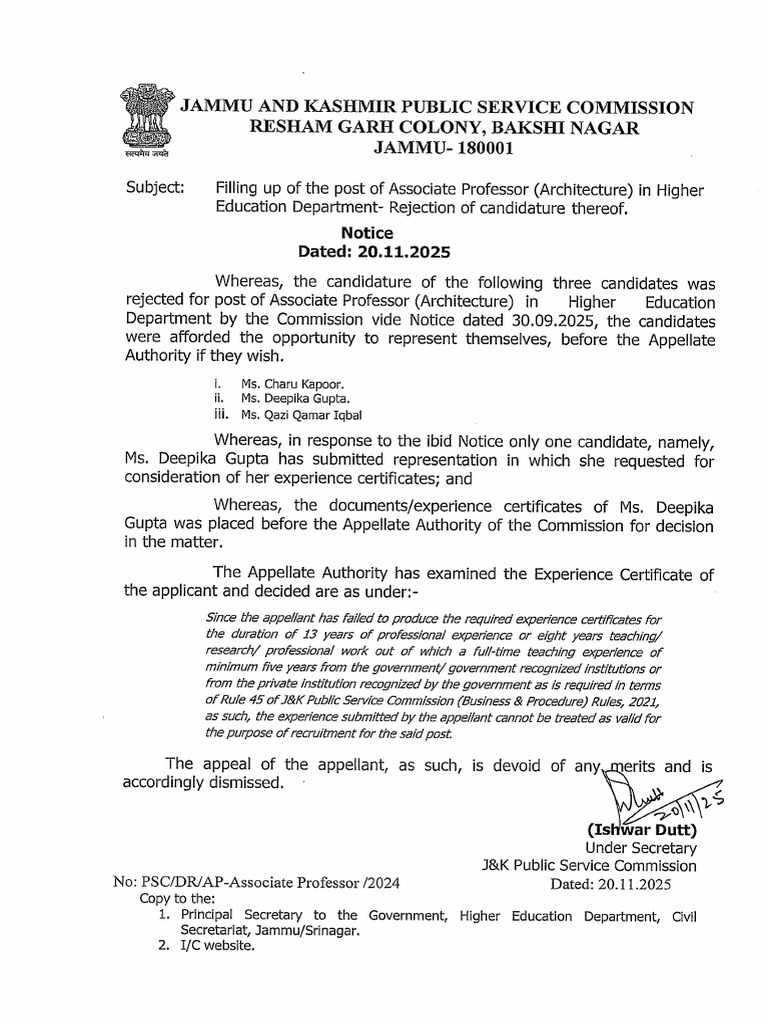 Rejection Notice For The Post of Assistant Professor Architecture in ...