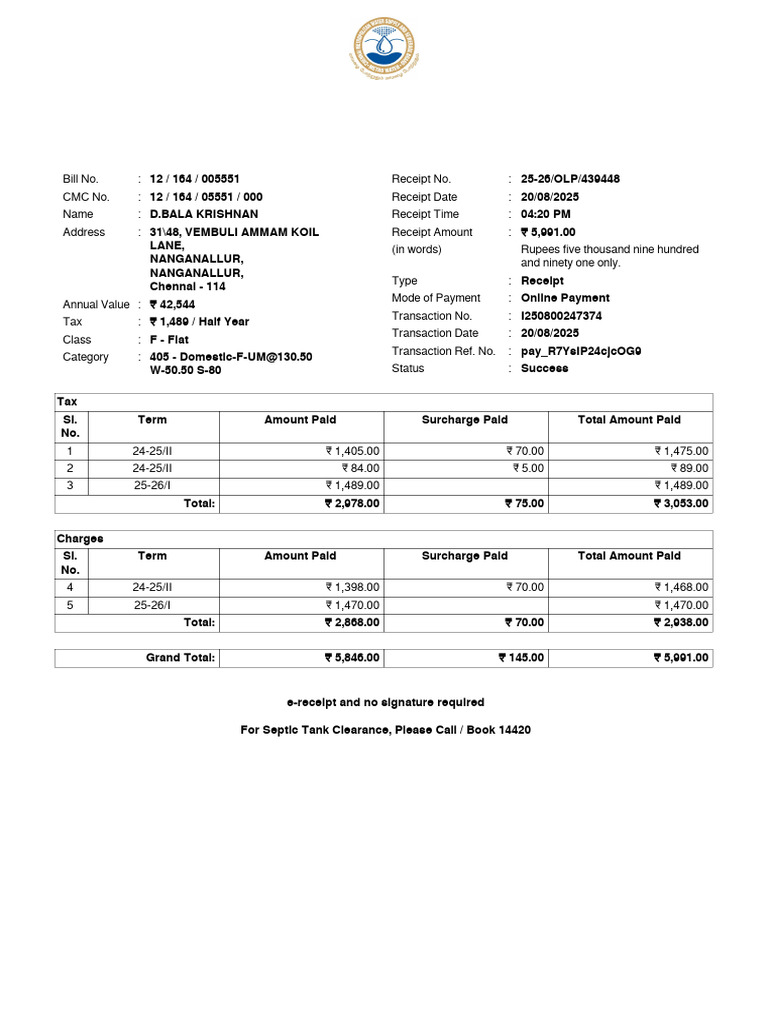 Water Tax Receipt 24-25 II 25-26 I | PDF | Money | Services (Economics)