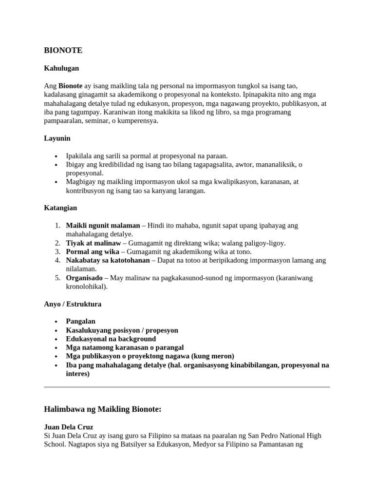 Bionote Fil Sa Piling Larang | PDF