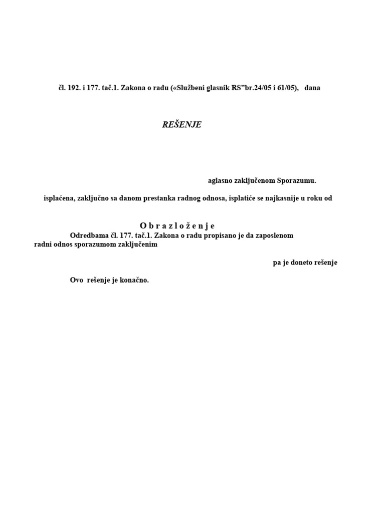 02.rešenje o Otkazu Ugovora o Radu Sporaz. | PDF