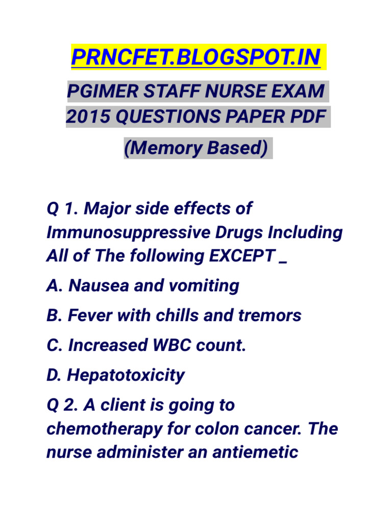 PGI Staff Nurse Exam 2015 Question Papers | PDF | Myocardial Infarction ...