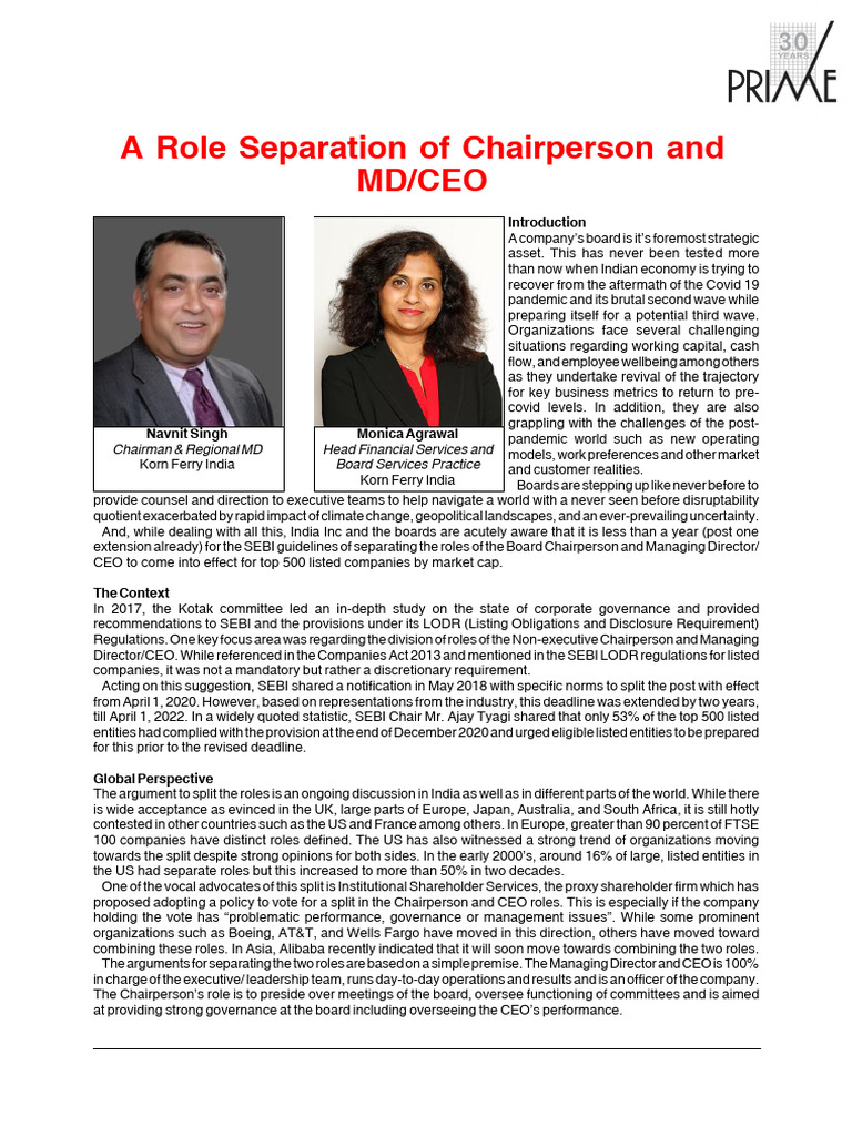 SEBI Guidelines: Chairperson vs CEO Roles | PDF | Chief Executive ...