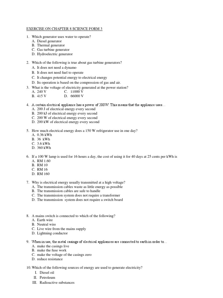 Exercise On Chapter 8 Science Form 3 | PDF | Electric Generator ...