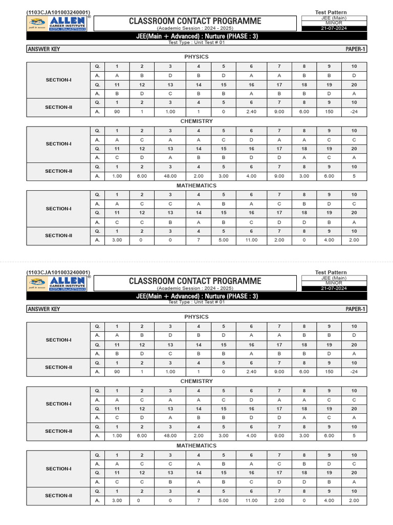 2107 Iit (Jm) Nurture (p#3) Mt-1 Answer Keys | PDF | Educational Stages | Academia