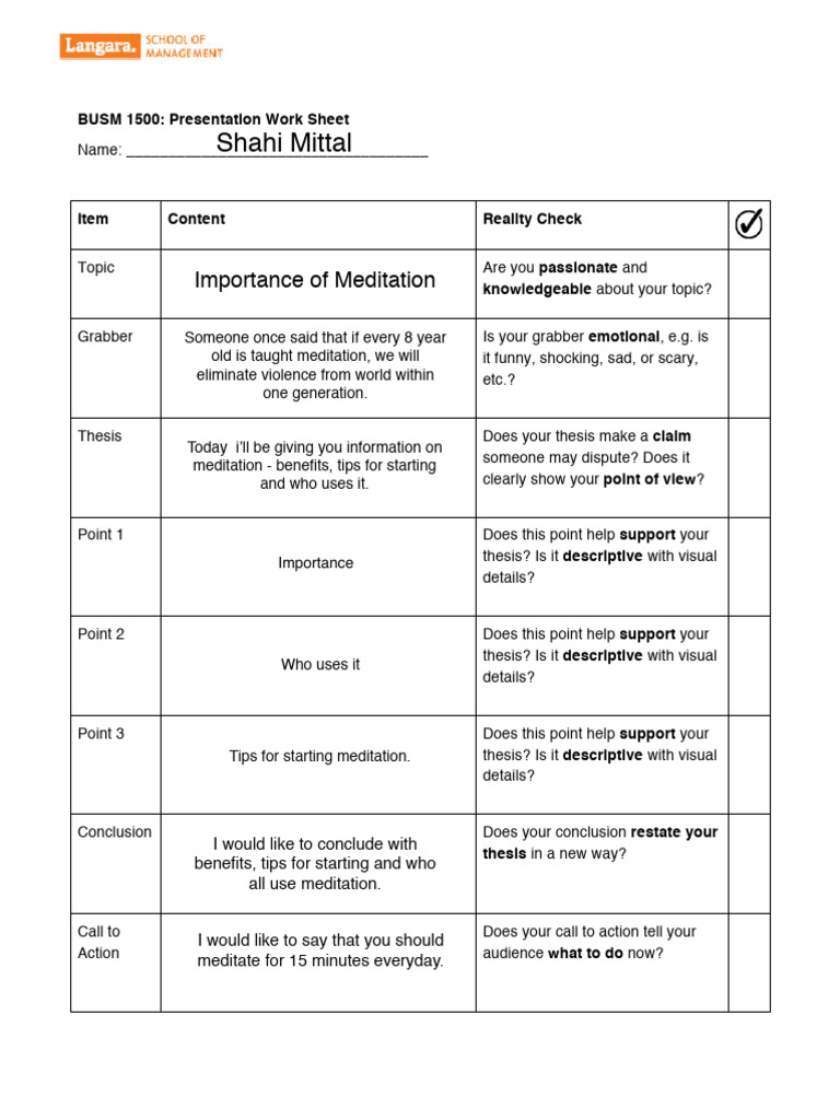 Presentation Worksheet Pdf