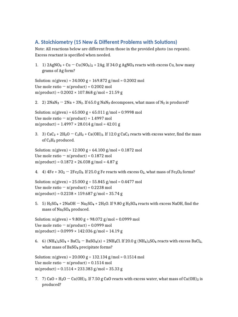 Stoichiometry 15 New Problems With Solutions | PDF | Stoichiometry ...