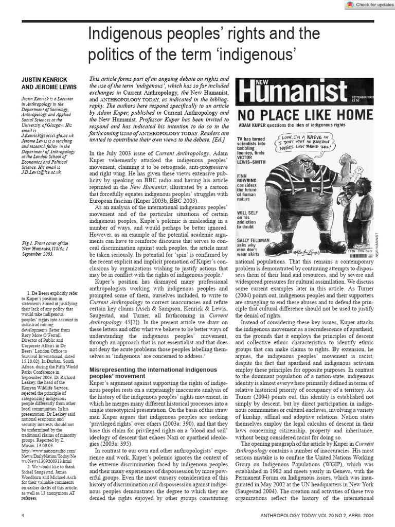 Anthropology Today - 2004 - Kenrick - Indigenous Peoples Rights and The Politics of The Term ...
