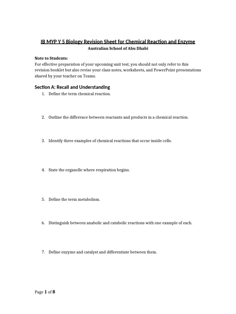 Chemical Reaction and Enzyme Revision Sheet | PDF | Enzyme | Enzyme Assay