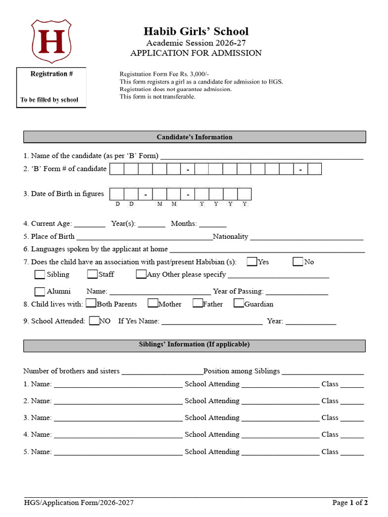 Habib Girls' School Admission Form 2026-27 | PDF | Chess | Chess Theory