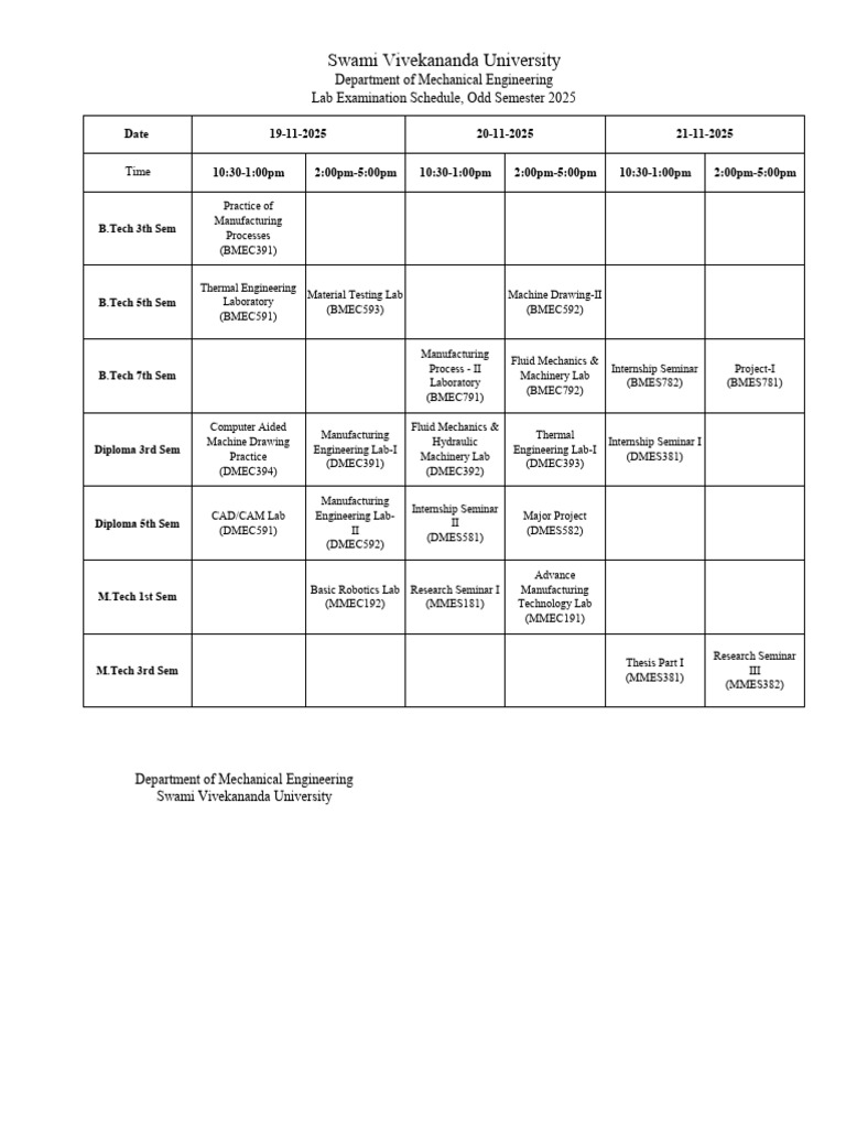Mechanical Engineering Lab Exam Schedule | PDF | Mechanical Engineering ...