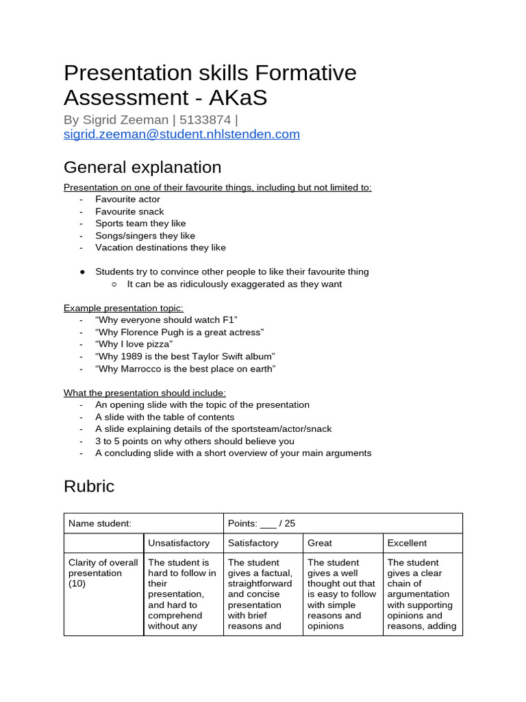 Presentation Skills Formative Assessment | PDF | Grammar | Vocabulary