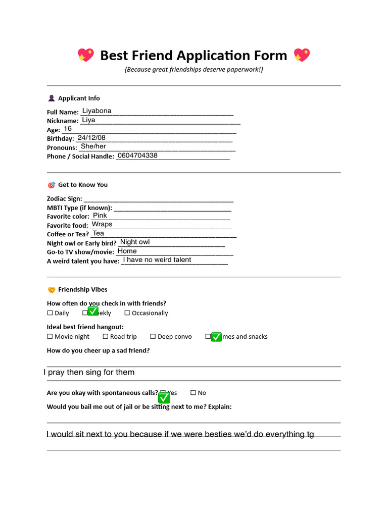 Best Friend Application Form Template | PDF