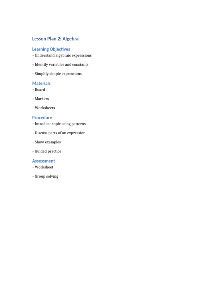 Algebra Lesson Plan for Beginners | PDF