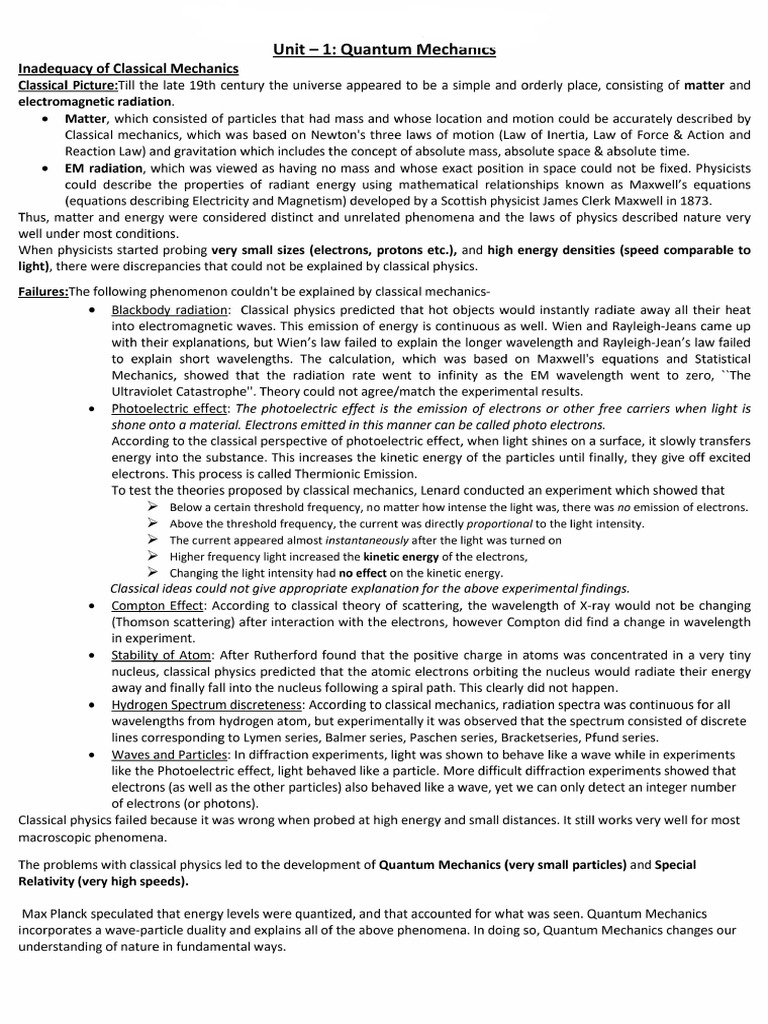 Unit-1 Quantum Mechanics | PDF