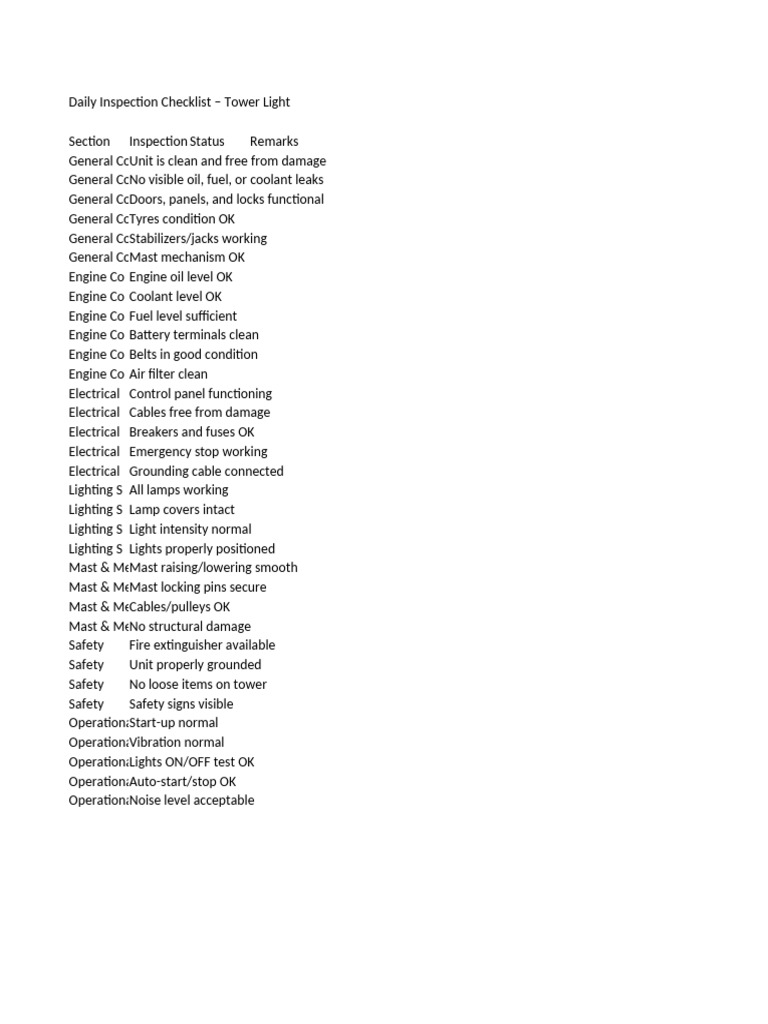Tower Light Daily Inspection Checklist | PDF