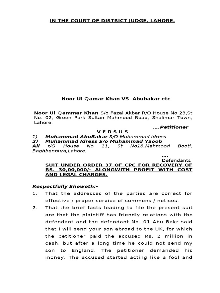 Suit Under Order 37 of CPC For Recovery | PDF | Affidavit | Lawsuit