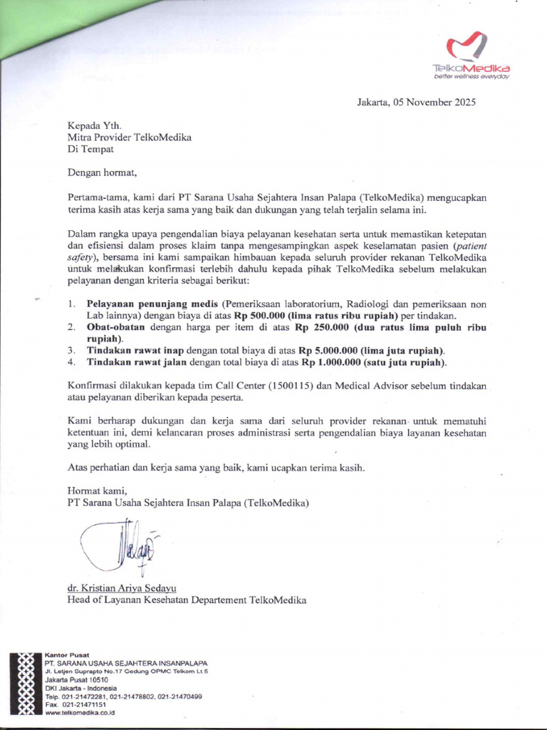 Konfirmasi Pelayanan Kesehatan Mitra Provider Telkomedika | PDF