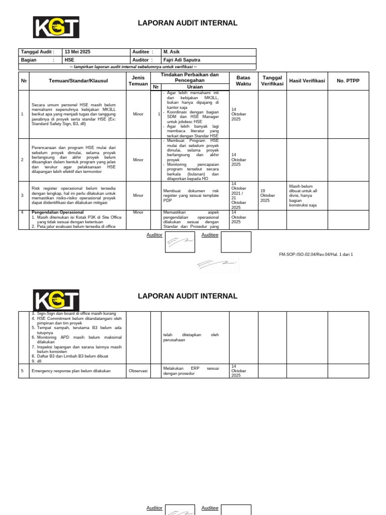 Audit Internal HSE: Temuan dan Rekomendasi | PDF