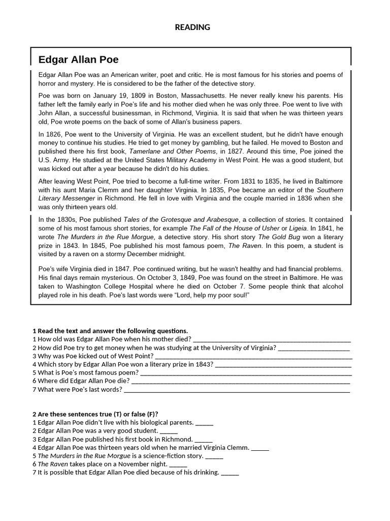 Edgar Allan Poe Reading Reading Comprehension Exercises 99728 | PDF ...