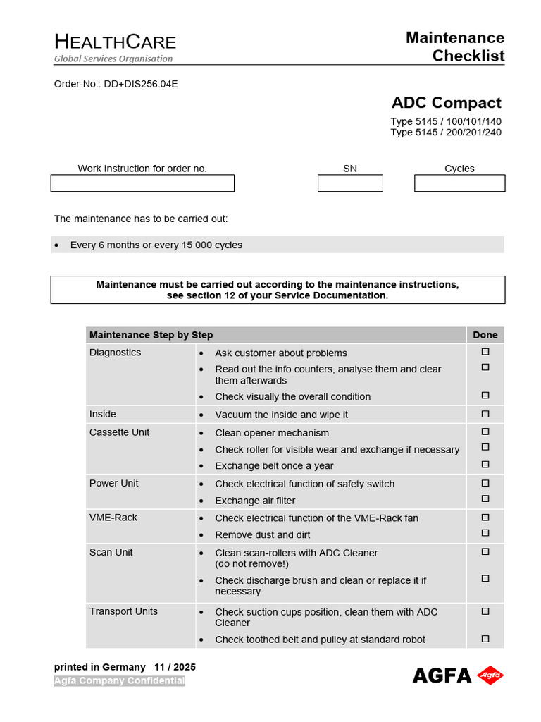 ADC Compact Maintenance Checklist | PDF | Vacuum Cleaner | Equipment
