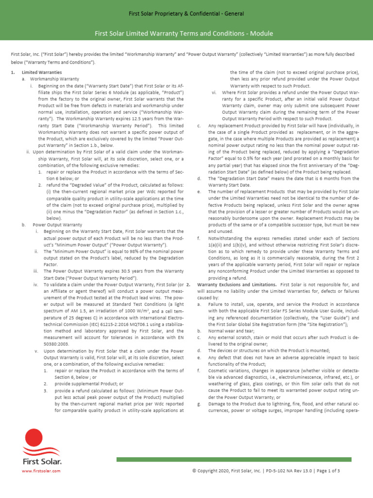 Appendix E First Solar Limited Warranty Terms and Conditions Module Rev 13 | PDF | Damages ...