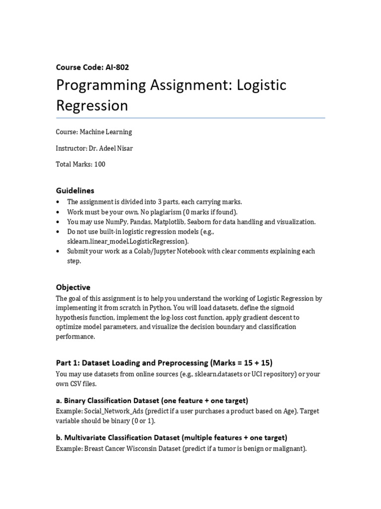 ML-Assignment (logistic regression) | PDF | Regression Analysis | Logistic Regression