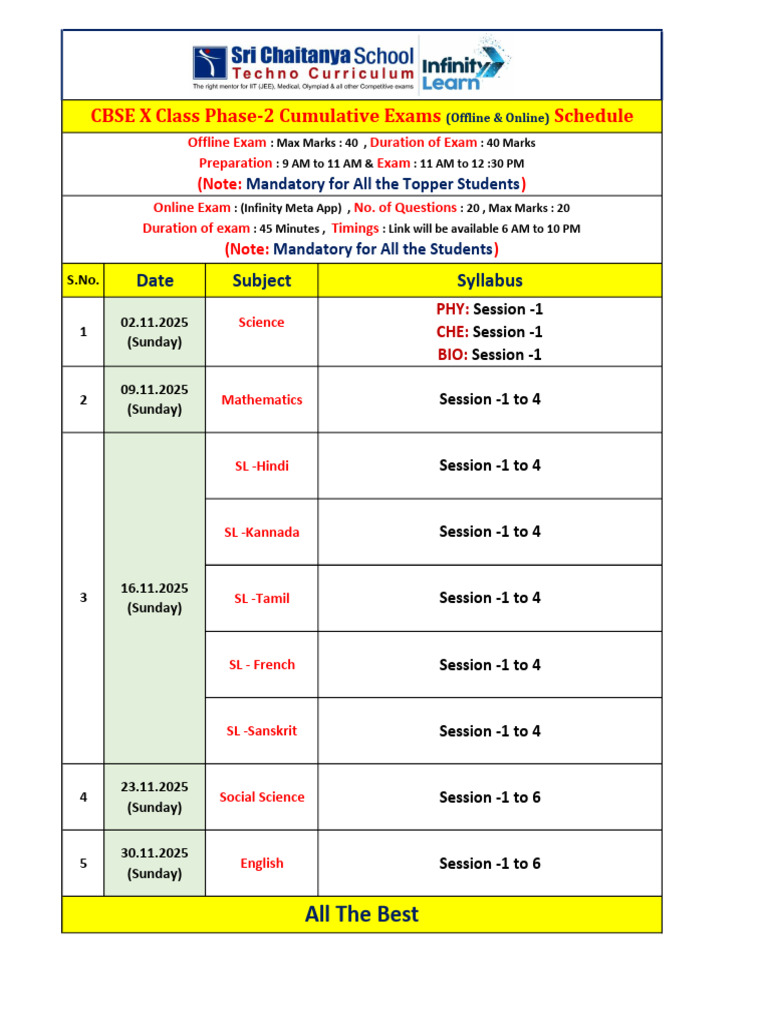 CBSE X Class Phase-2 Cumulative Exams (Offline & Online) Schedule | PDF
