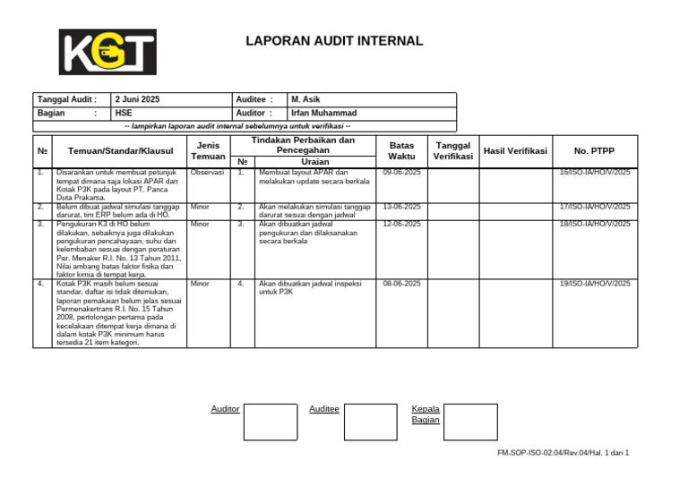 Audit Internal HSE PT Panca Duta Prakarsa | PDF