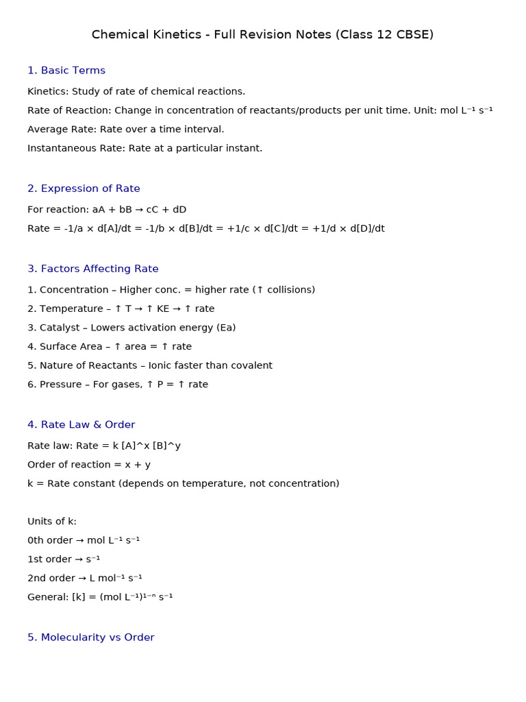 Chemical Kinetics Revision Notes CBSE | PDF | Reaction Rate | Chemical ...