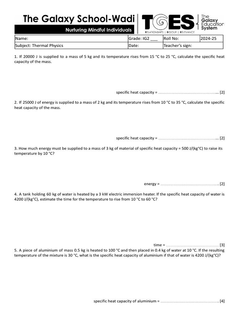 Specific Heat Capacity Worksheet | PDF | Heat Capacity | Heat