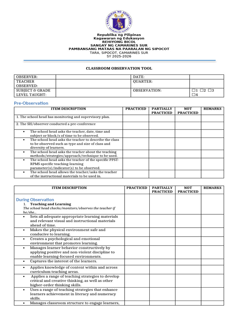 Classroom Observation Tool Guide | PDF | Learning | Teachers