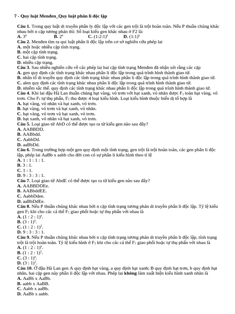 .7 - Quy luật Menđen - Quy luật phân li độc lập | PDF