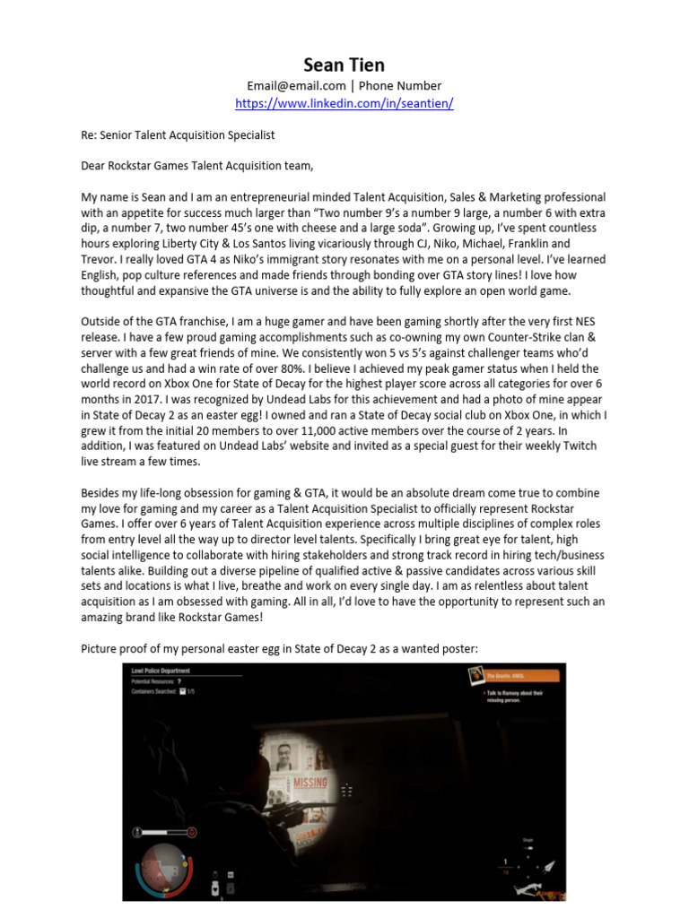 Cover Letter For Rockstar Games | PDF | Electronic Publishing | Video Games