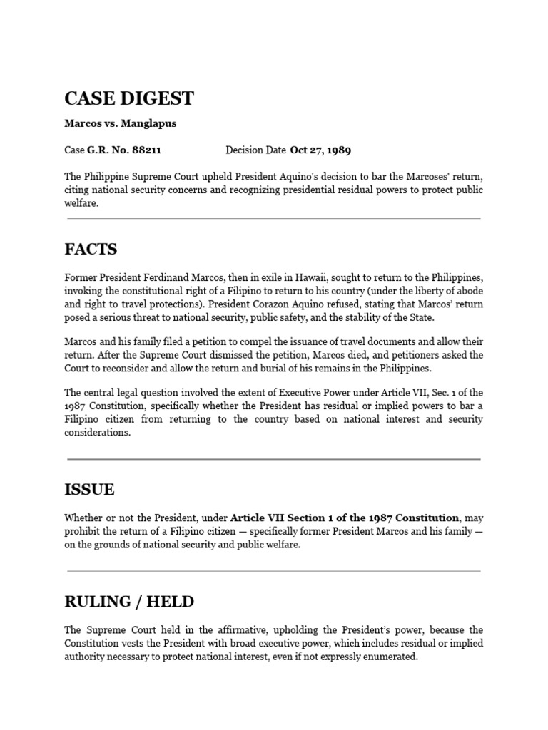 Marcos vs. Manglapus Case Summary | PDF | Legal Documents | Law Of The ...