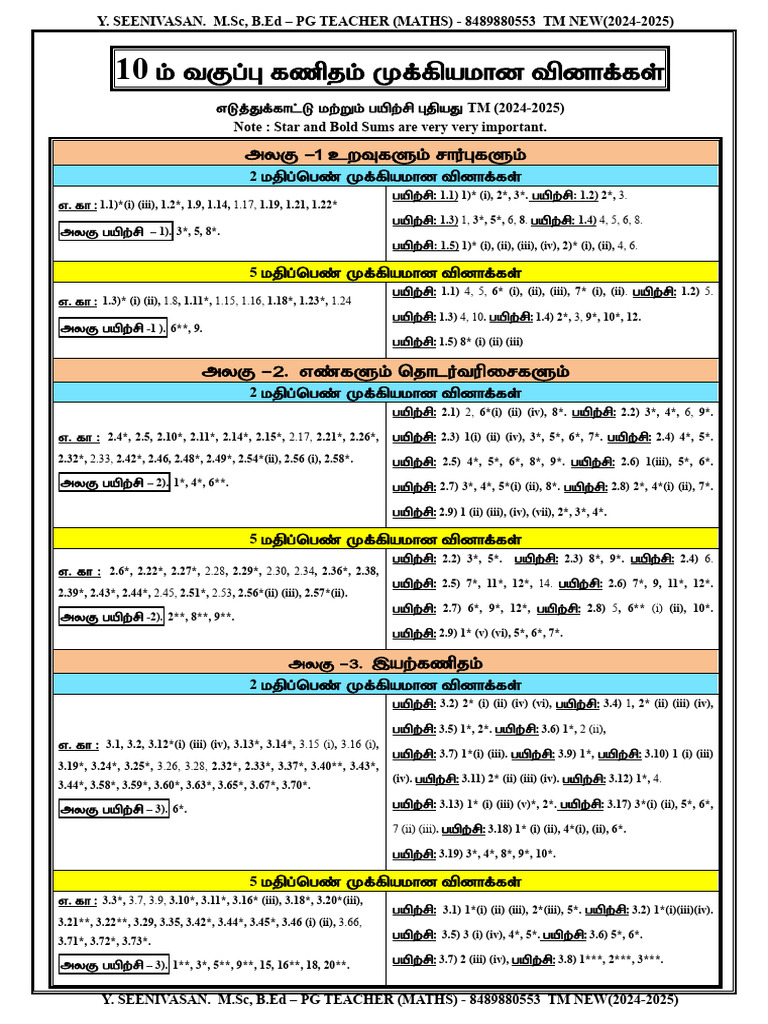10th Maths Important Questions Tamil Medium PDF Download | PDF