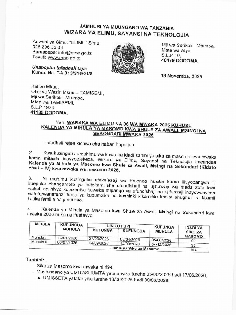 Waraka Wa Elimu Na 06 Wa Mwaka 2025 Kuhusu Kalenda Ya Mihula Ya Masomo ...