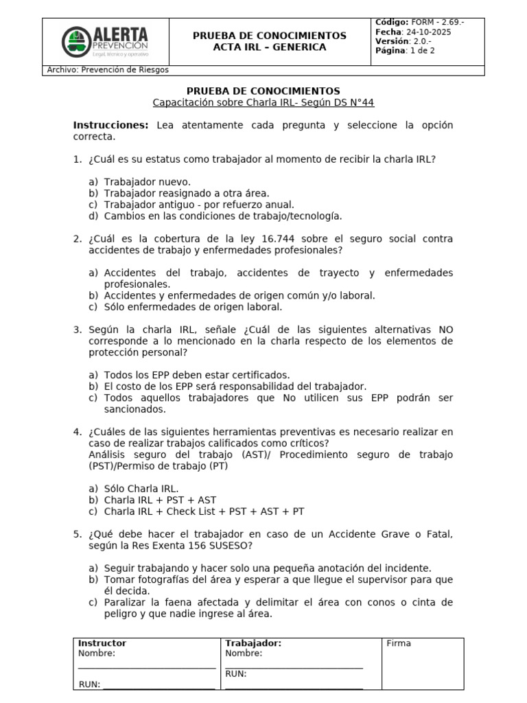 FORM - 2.69.1. - Prueba de Conocimientos Acta IRL V2.0. | PDF