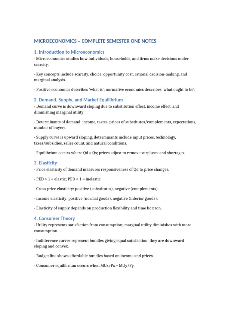 Microeconomics Semester One Notes | PDF | Demand | Microeconomics