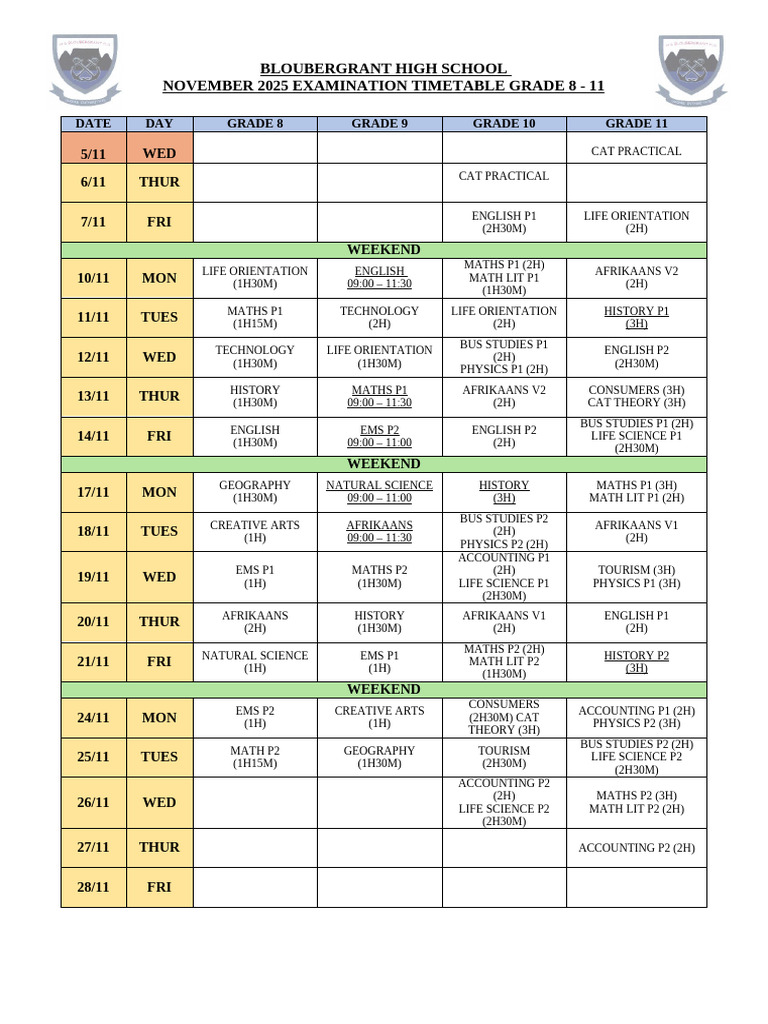 November Exam Timetable | PDF