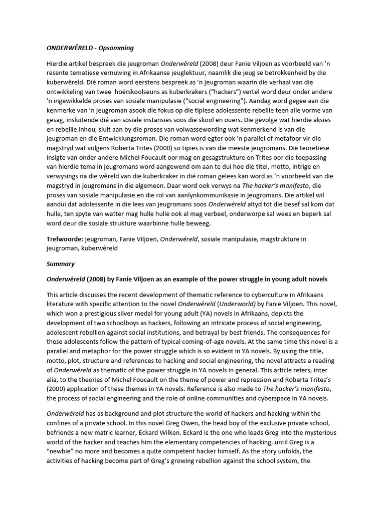 ONDERWÊRELD - Opsomming | PDF