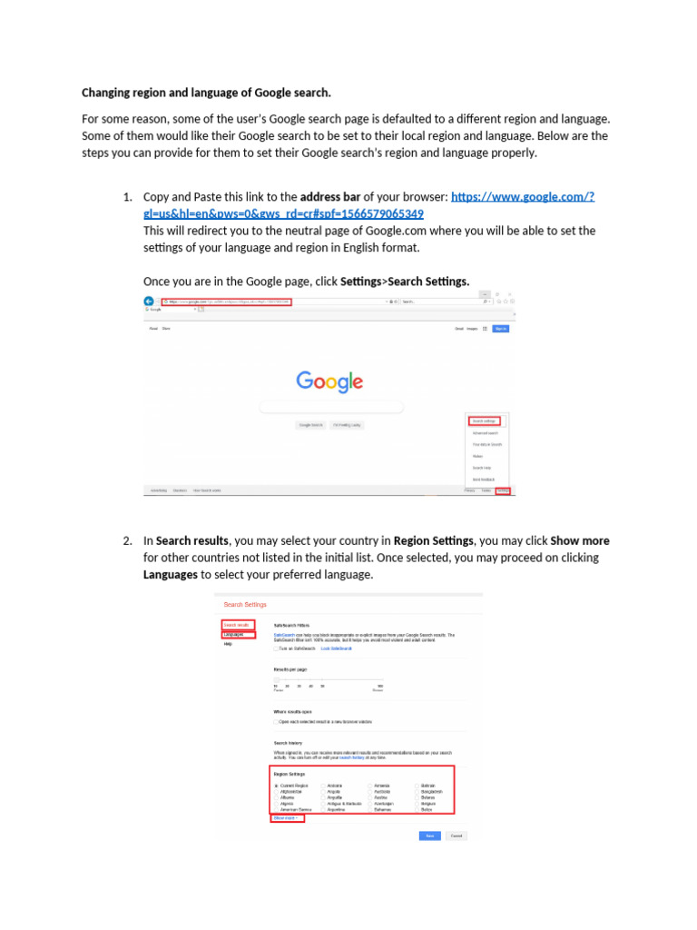Changing Region and Language of Google Search | PDF