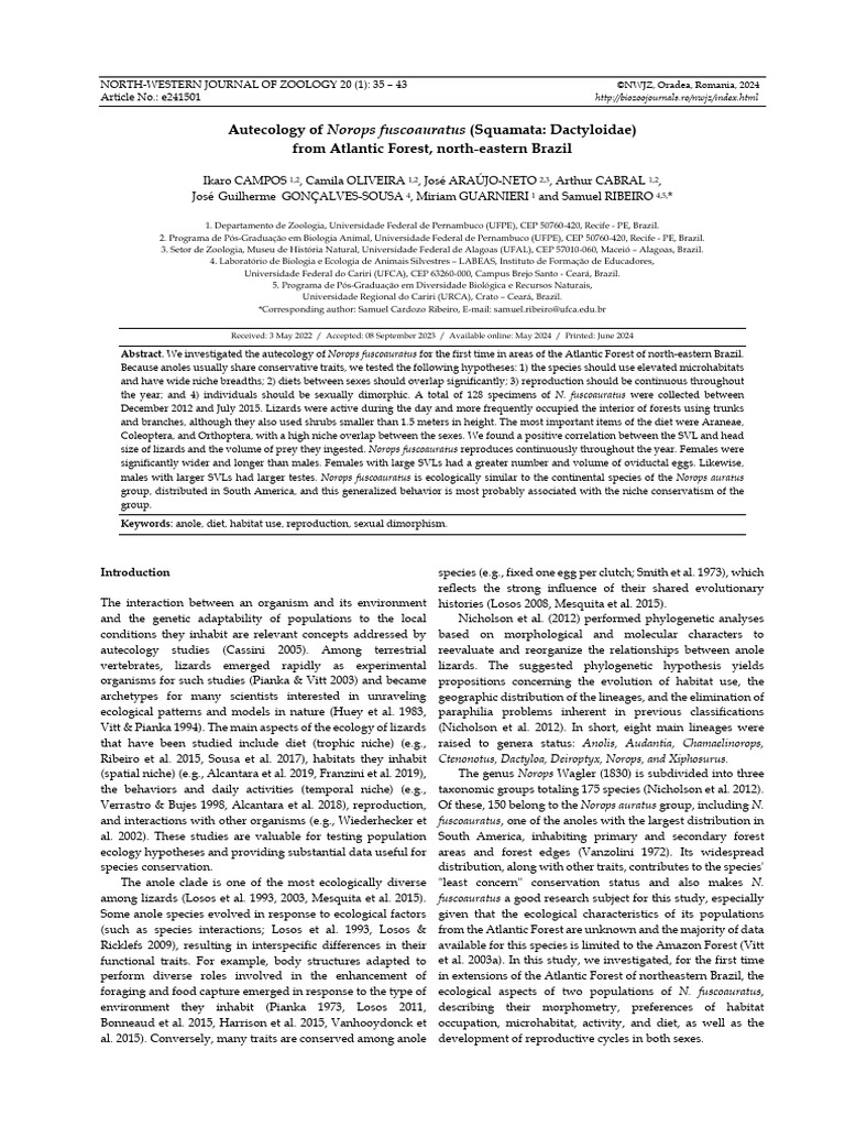 Campos Et Al. 2024. Norops Fuscoauraus | PDF | Ecological Niche | Ecology