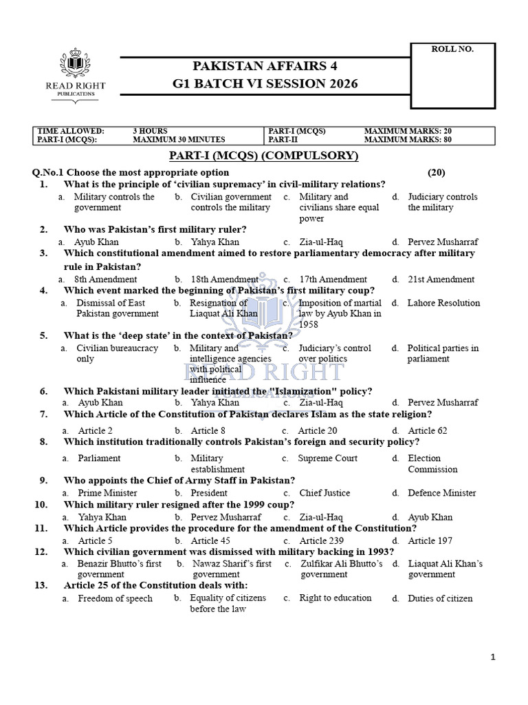 Pakistan Affairs Exam Questions 2026 | PDF | Government | Government Of ...
